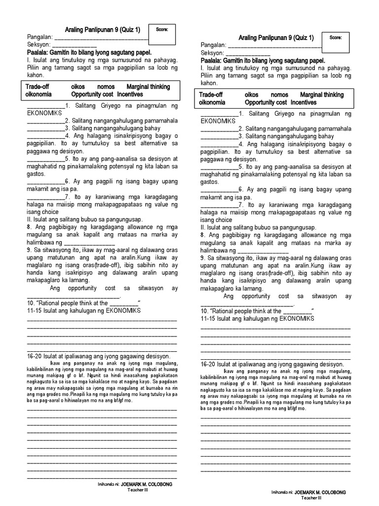 Araling Panlipunan 9 Q1 Quiz 1 | PDF