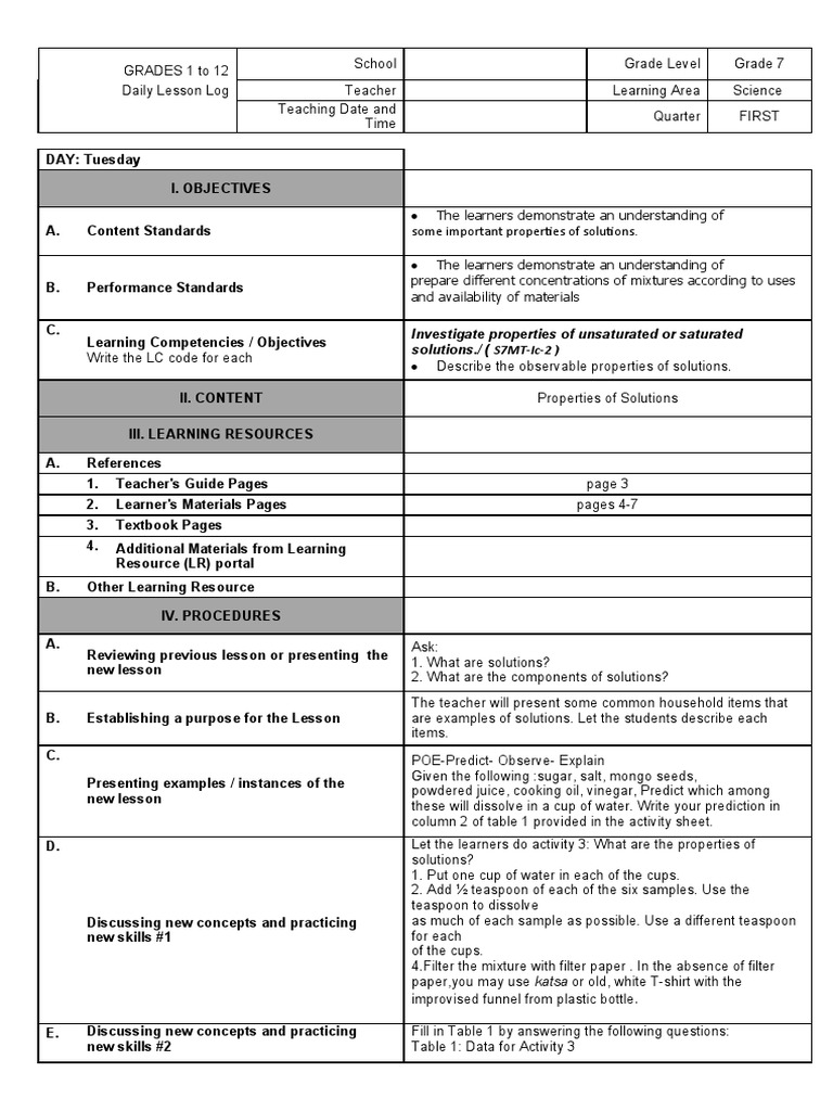 DLL Q1 Lesson 3 Properties of Solution | PDF | Filtration | Learning