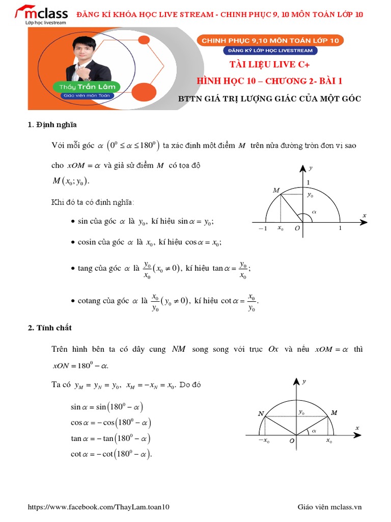 Hh10 - Chương 2- Bài 1-Giá Trị Lượng Giác Của Một Góc Bất Kỳ Từ 0 Đến 180 - Bttn | PDF