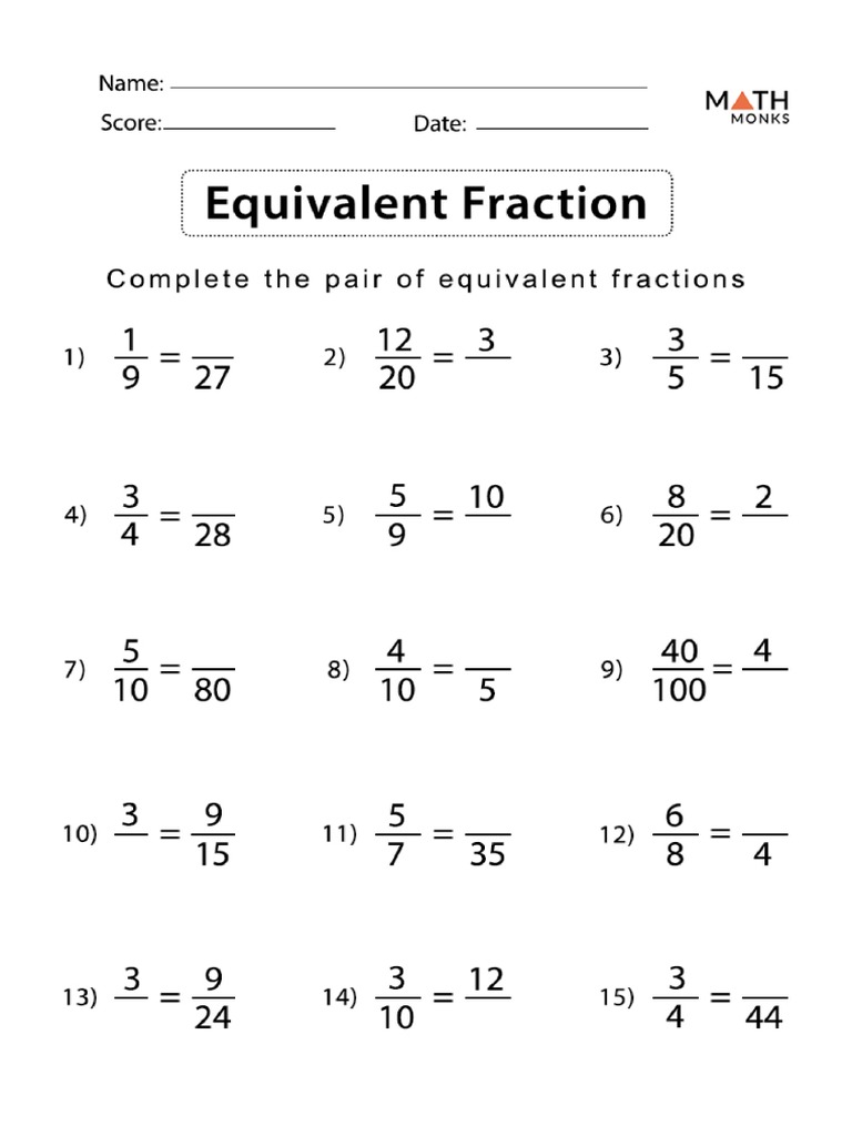 Fraction Equivalent Fractions Worksheet 4th Grade | PDF
