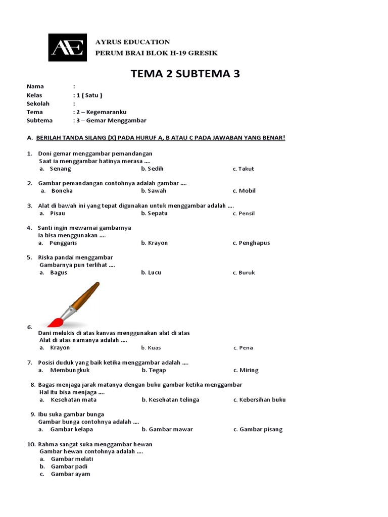 Soal Tematik Kelas 1 SD Tema 2 Subtema 3 Gemar Menggambar - Ayrus Education | PDF | Olahraga ...