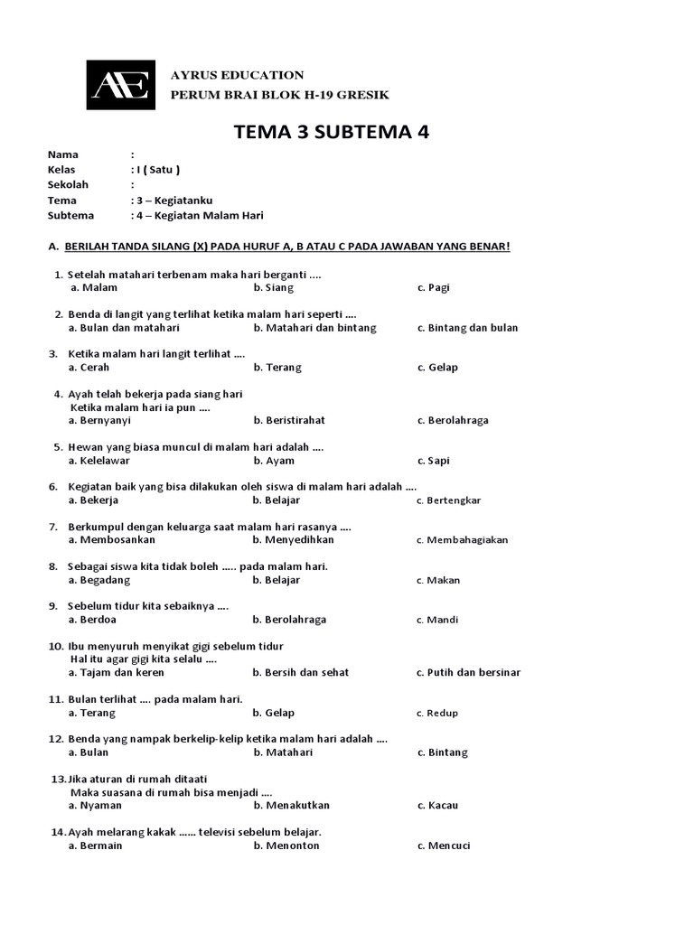 Soal Tematik Kelas 1 SD Tema 3 Subtema 4 Kegiatan Malam Hari - Ayrus Education | PDF