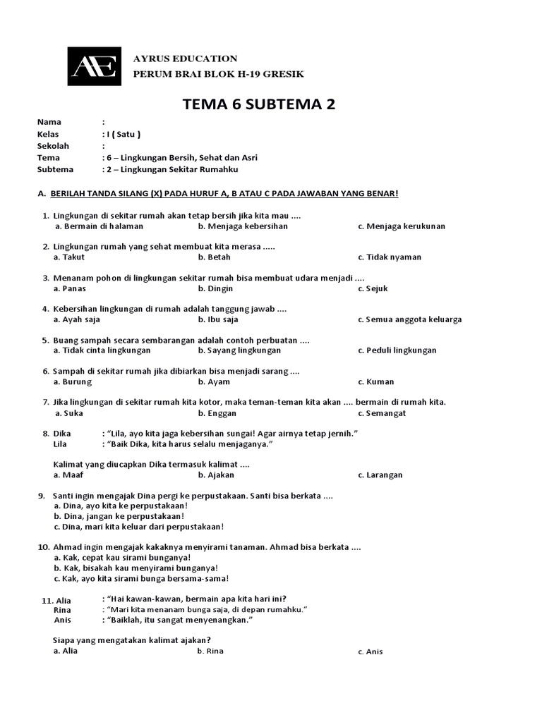 Soal Tematik Kelas 1 SD Tema 6 Subtema 2 Lingkungan Sekitar Rumahku - Ayrus Education | PDF ...