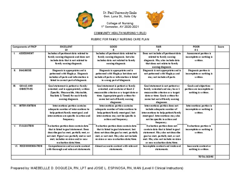Rubric For FNCP | PDF | Nursing | Medical Diagnosis