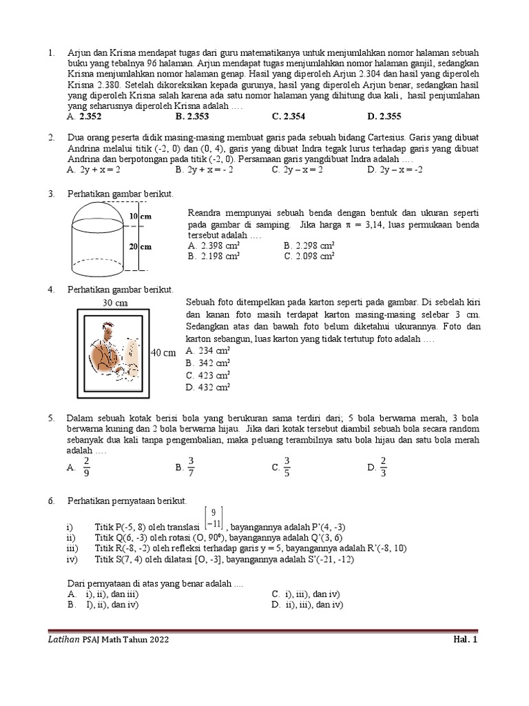 Soal Latihan Matematika PSAJ 2022 | PDF