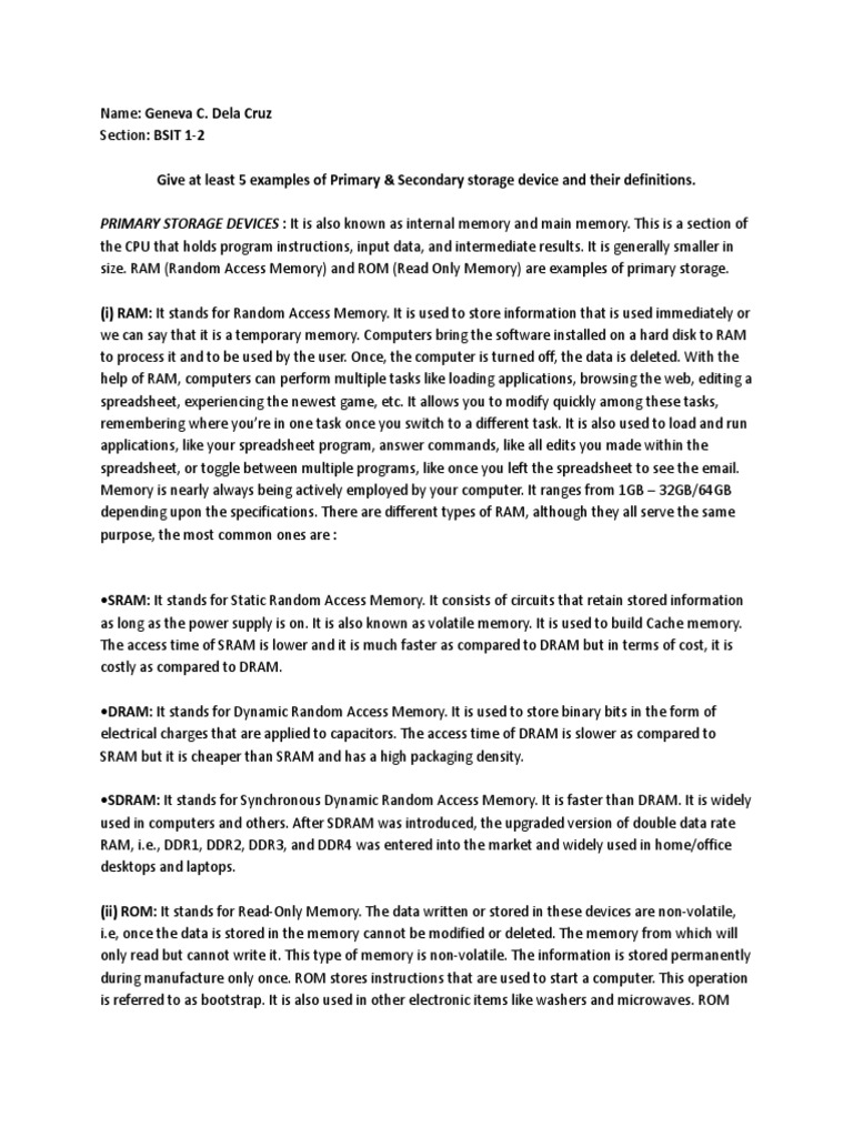 Examples of Primary and Secondary Storage Devices | PDF | Random Access Memory | Computer Data ...