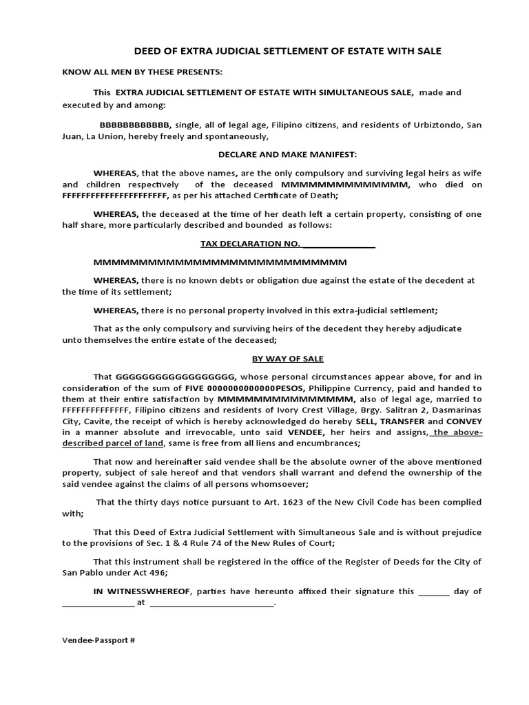 Deed of Extra Judicial Settlement of Estate With Sale Sample | PDF ...