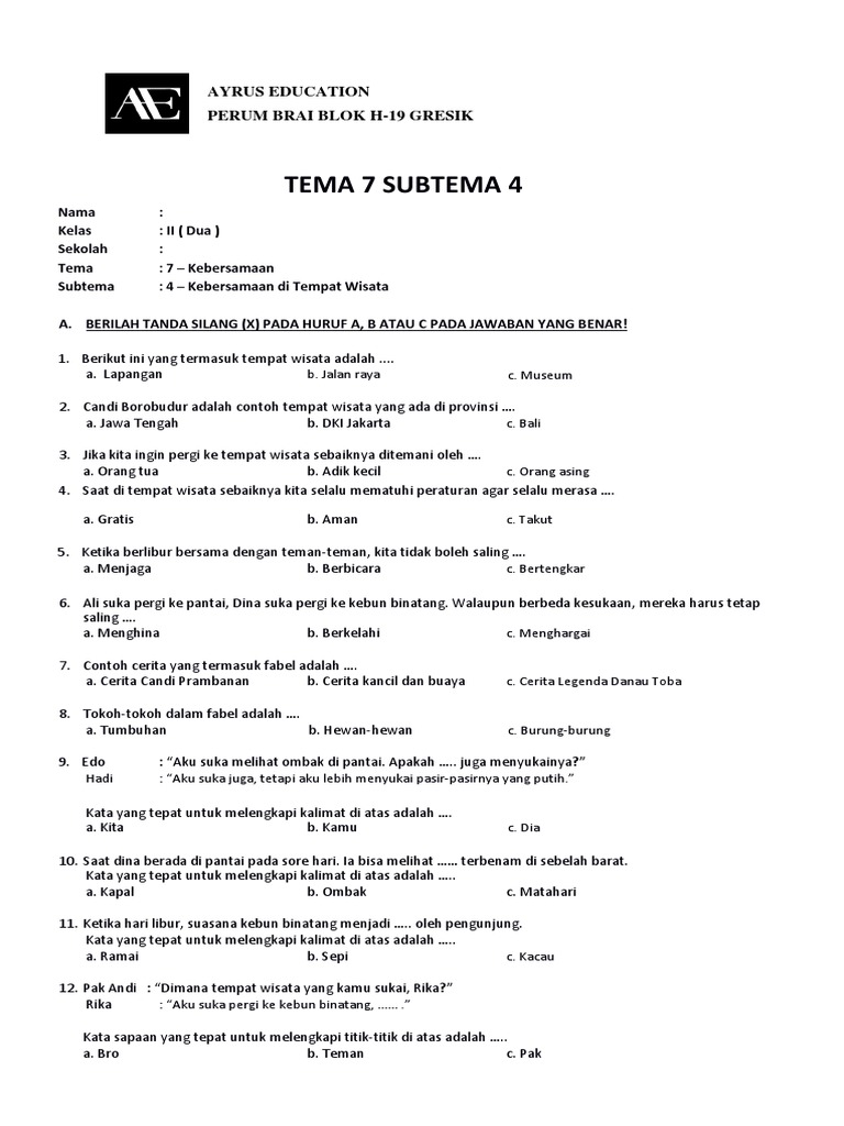 Soal Tematik Kelas 2 Sd Tema 7 Subtema 4 Kebersamaan Di Tempat Wisata