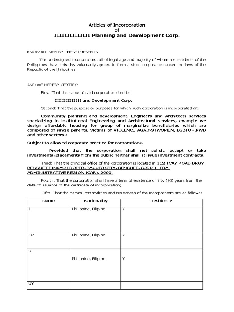 Articles of Incorporation Template Philippines | PDF | Par Value ...