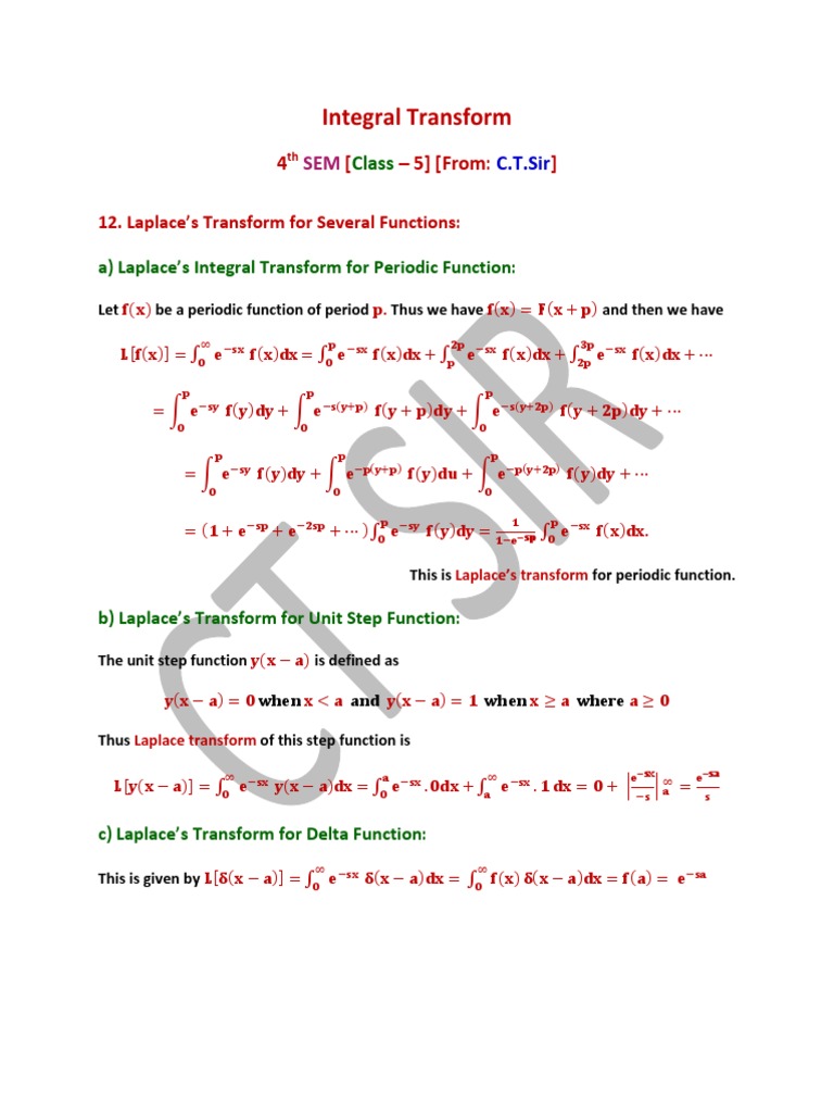 Integral Transform (Class-5) | PDF | Laplace Transform | Calculus Integral Transform (Class-5) | PDF | Laplace Transform | Calculus