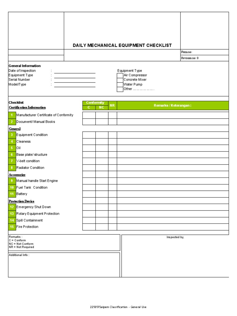 Daily Mechanical Inspection Checklist | PDF