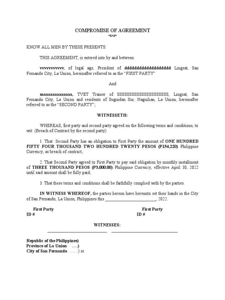 Compromise of Agreement - Sample | PDF | Contractual Term | Notary Public