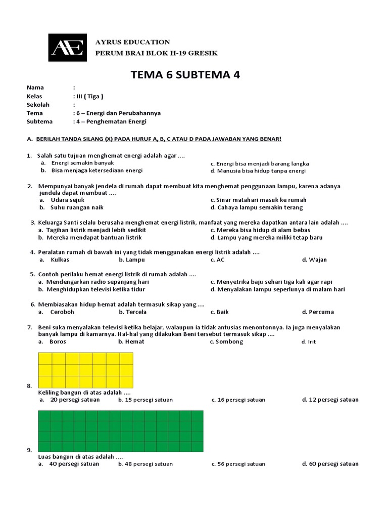 Soal Tema 6 Kelas 3 SD Subtema 4 Penghematan Energi - Ayrus Education | PDF