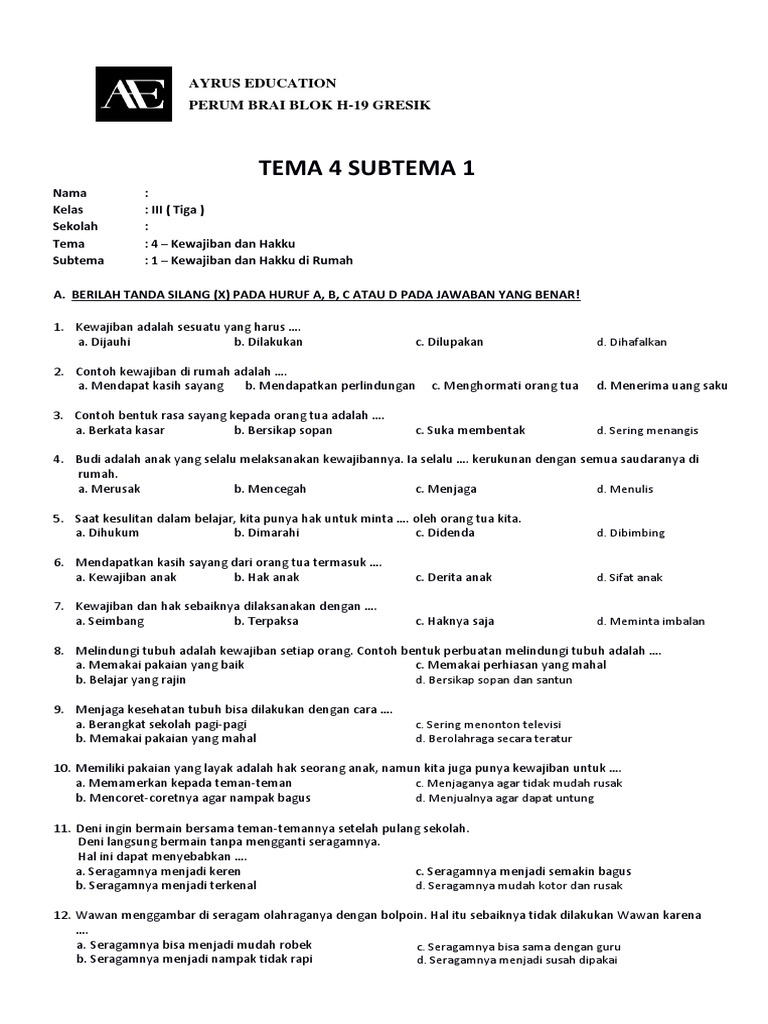 Soal Tema 4 Kelas 3 SD Subtema 1 Kewajiban Dan Hakku Di Rumah - Ayrus ... Soal Tema 4 Kelas 3 SD Subtema 1 Kewajiban Dan Hakku Di Rumah - Ayrus ...