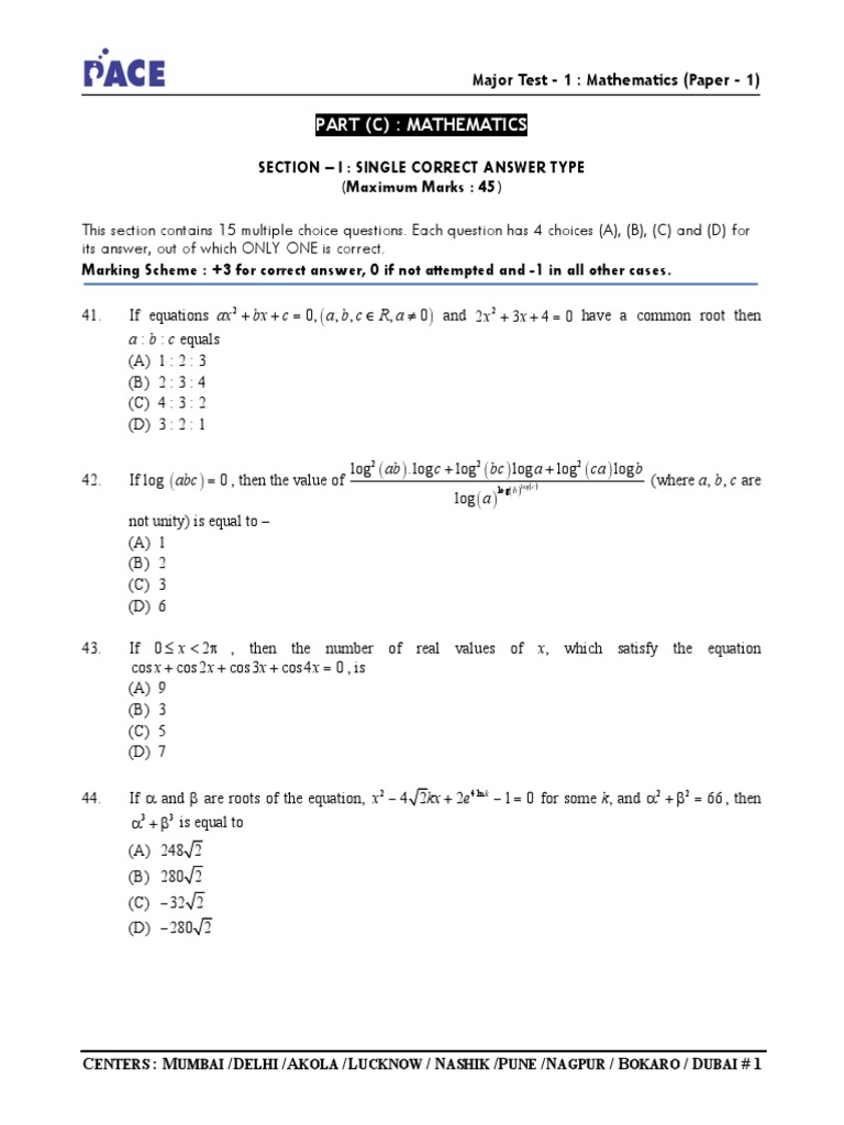 Major Test 1: Mathematics Paper 1 | PDF | Zero Of A Function | Equations