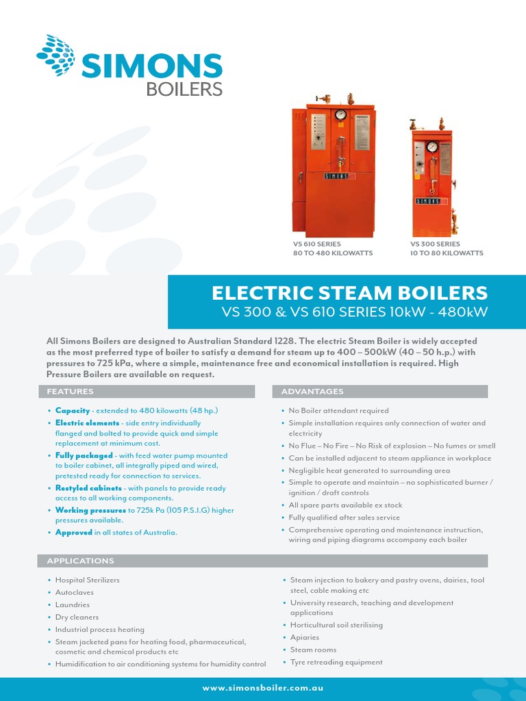 Simons VS 300 610 Series Electric Steam Boilers LR | PDF | Boiler | Steam