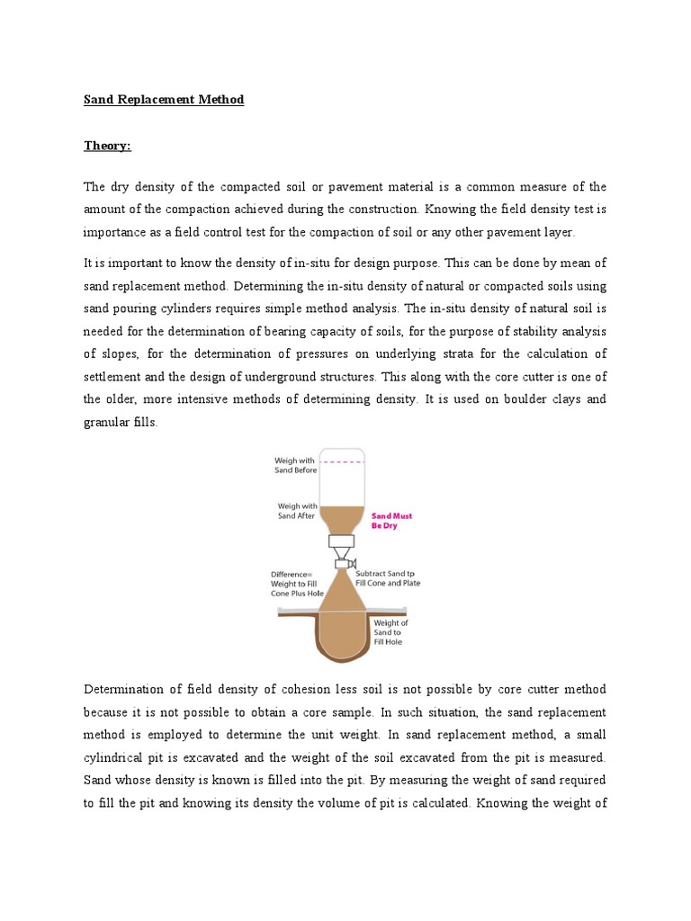 Sand Replacement Method Density Test | PDF | Density | Soil