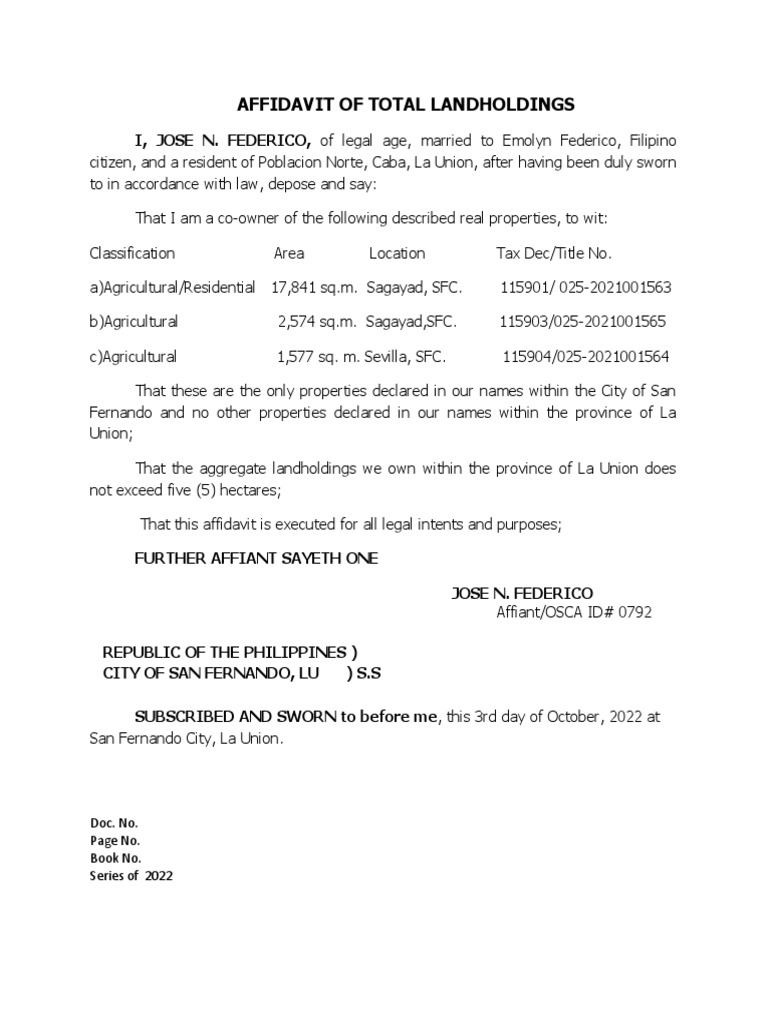 Affidavit of Total Landholdings | PDF