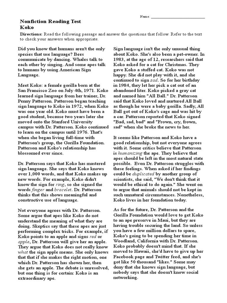 Nonfiction Reading Test Koko | PDF