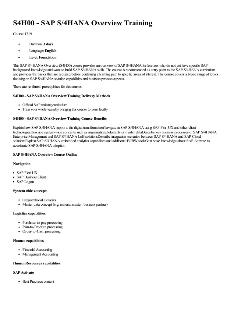 Sap S 4hana Overview S4h00 Pdf