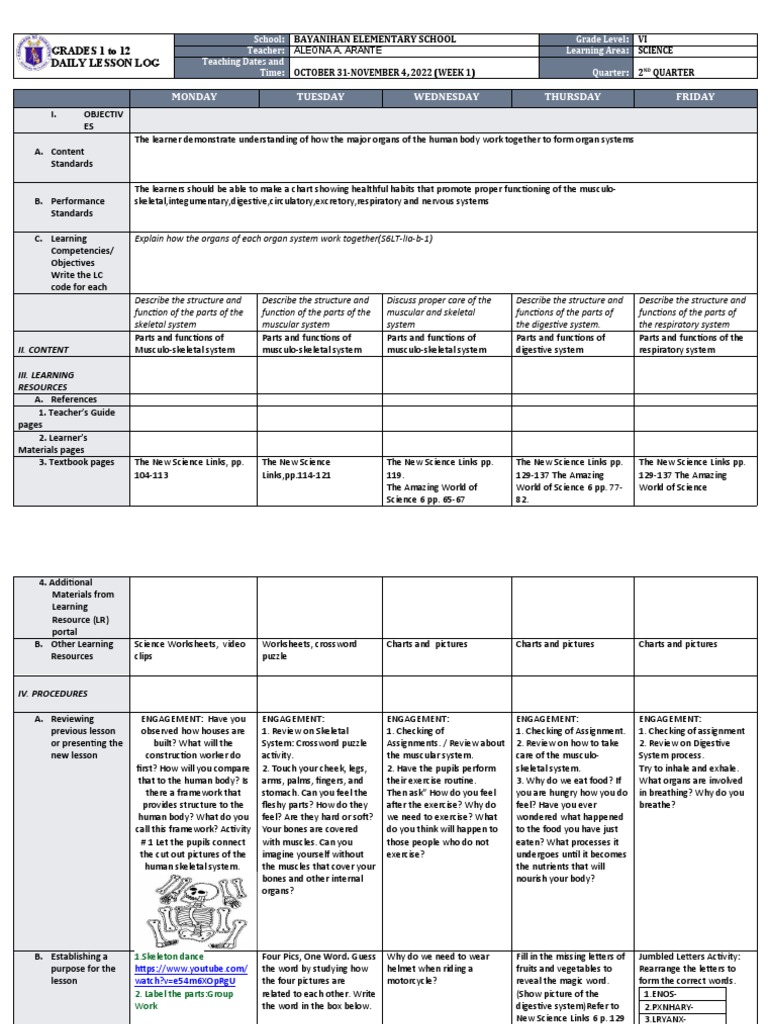DLL - Science 6 - Q2 - W1 | PDF | Skeletal Muscle | Human ...