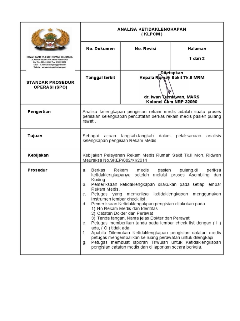 SPO Analisa Ketidaklengkapan (KLPCM) RIDWAN | PDF