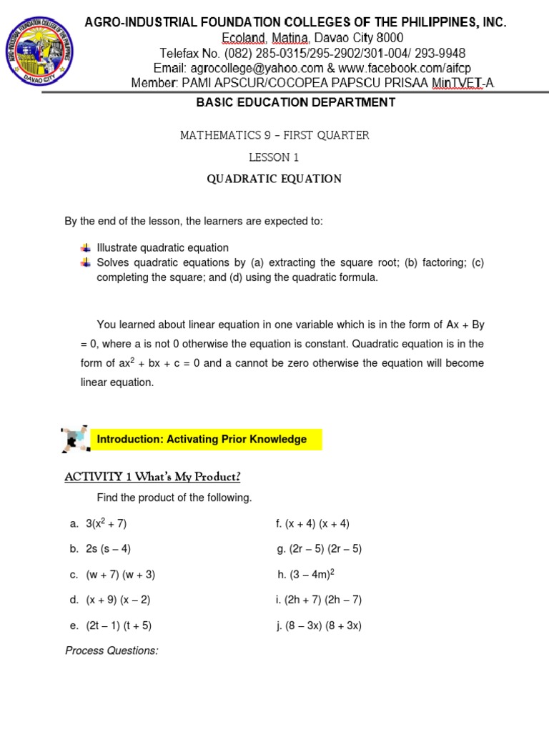 Math 9 Lesson 1 Quadratic Equation | PDF | Quadratic Equation | Equations