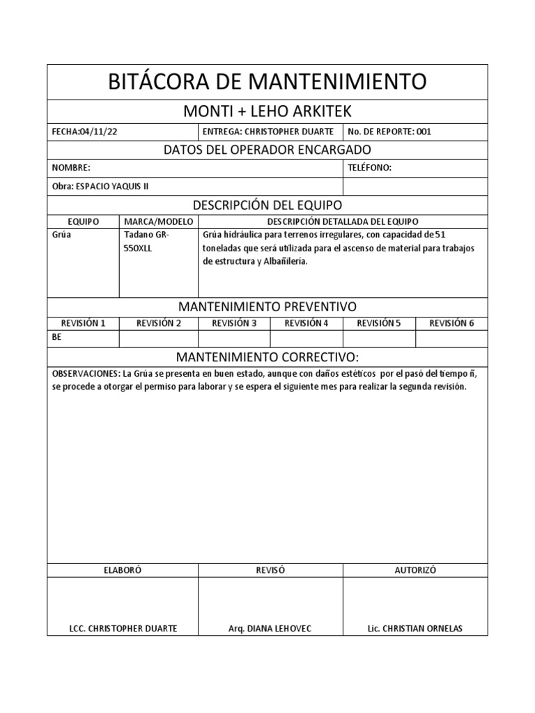 Formato de Bitácora de Mantenimiento | PDF Formato de Bitácora de Mantenimiento | PDF