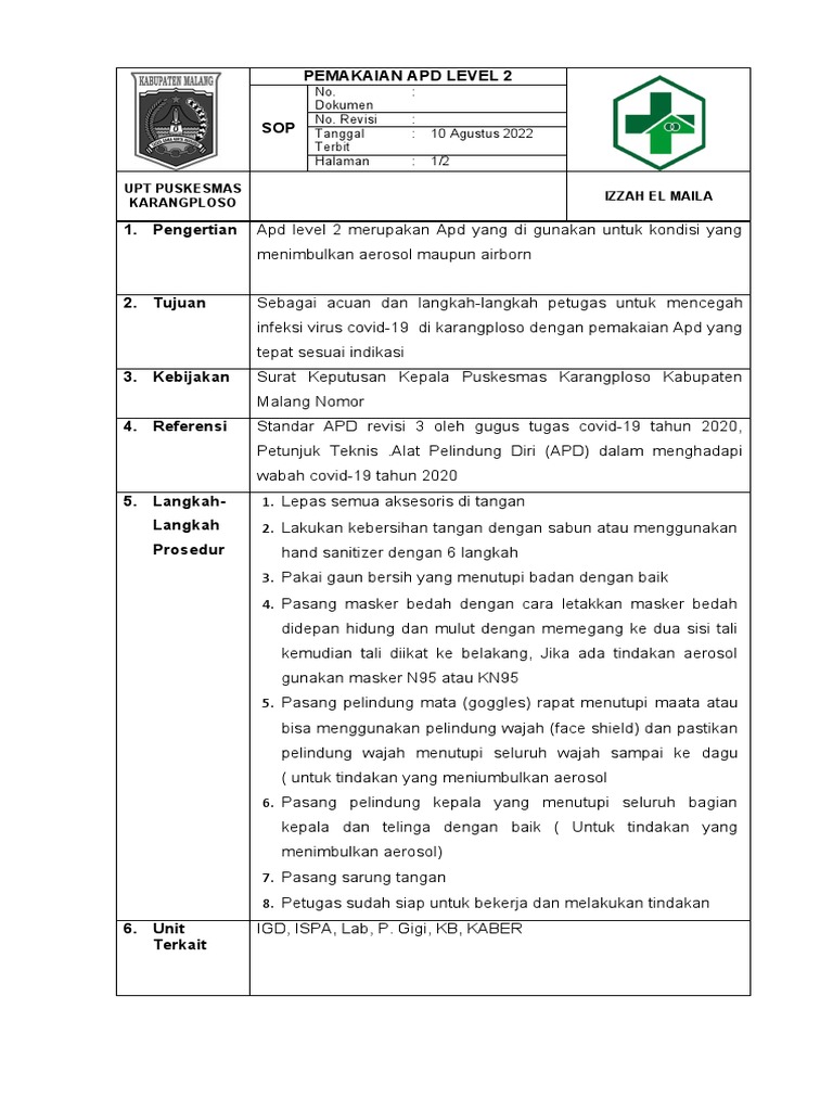 Sop Pemakaian Apd Level 2 | PDF