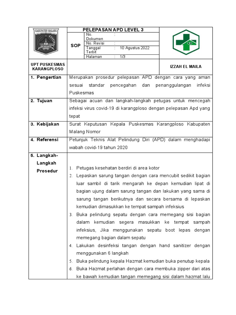 Sop Pelepasan Apd Level 3 | PDF
