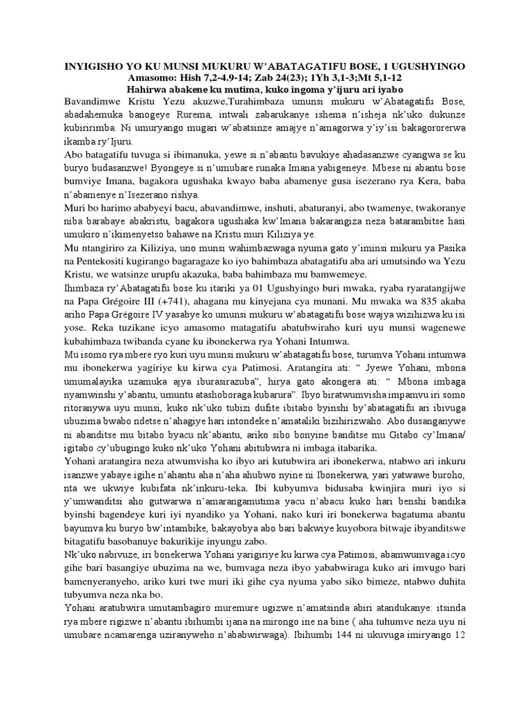 Inyigisho Yo Ku Munsi Mukuru W'abatagatifu Bose | PDF | Religion ...