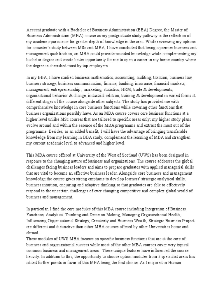 Business Administration Personal Statement | PDF | Master Of Business ...
