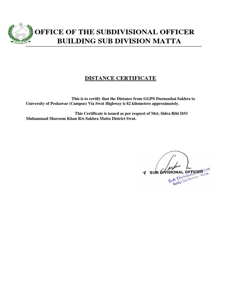 Sidra Distance Certificate | PDF