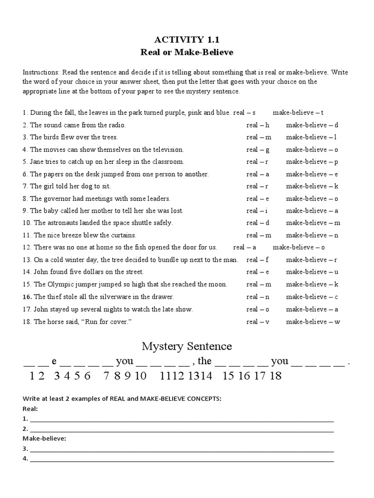 ACTIVITY 1.1 - Real Vs Make-Believe - Mystery Sentence | PDF | Young Adult