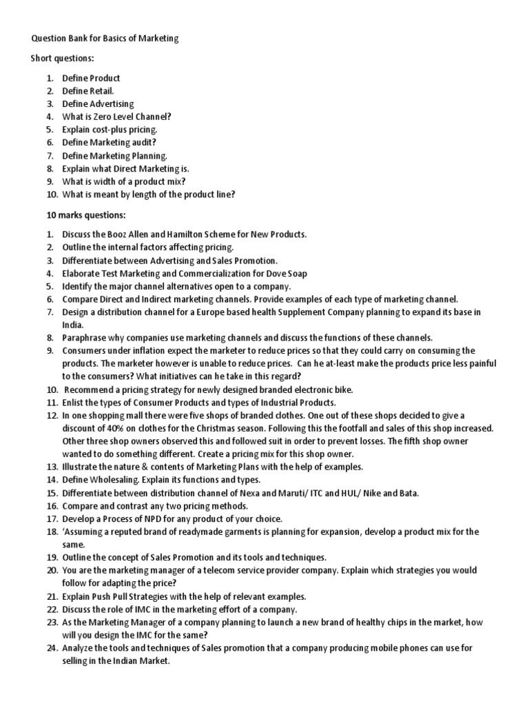 Marketing Basics Question Bank | PDF | Retail | Marketing