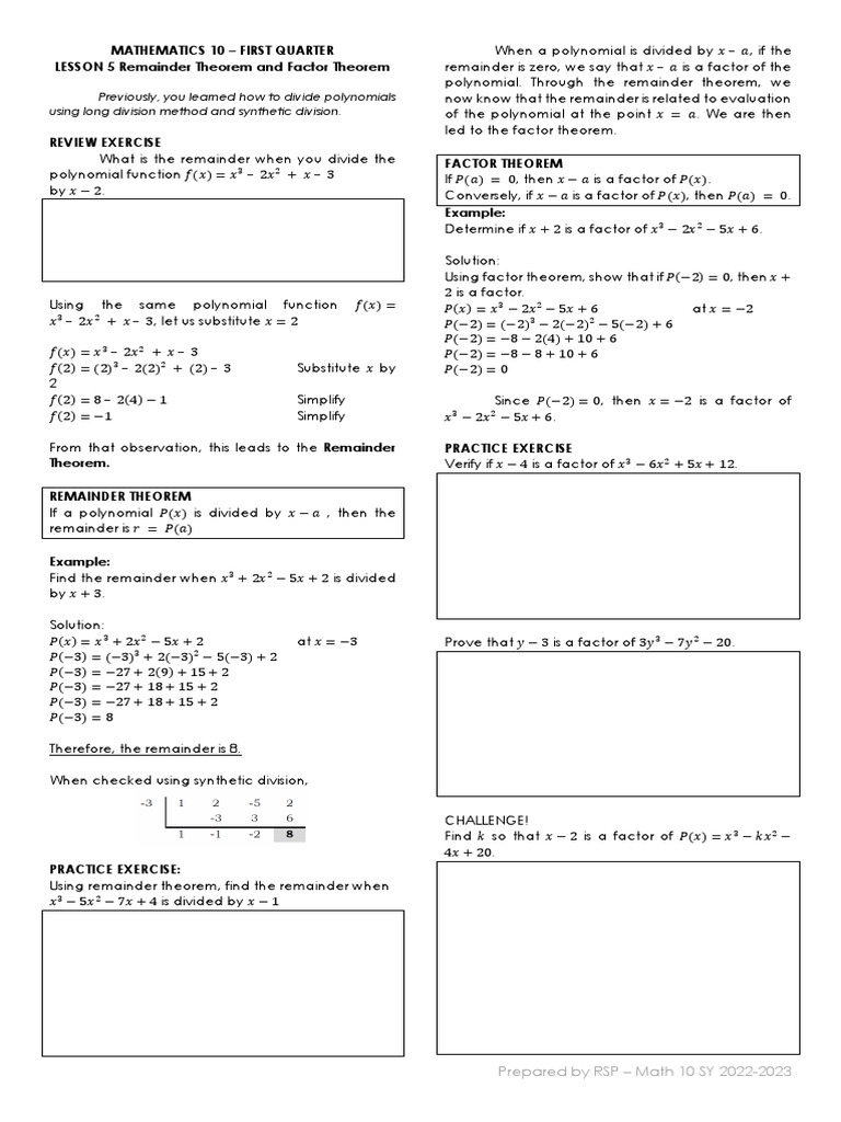 Math10 Q1 05 Remainder Theorem and Factor Theorem | PDF | Polynomial ...