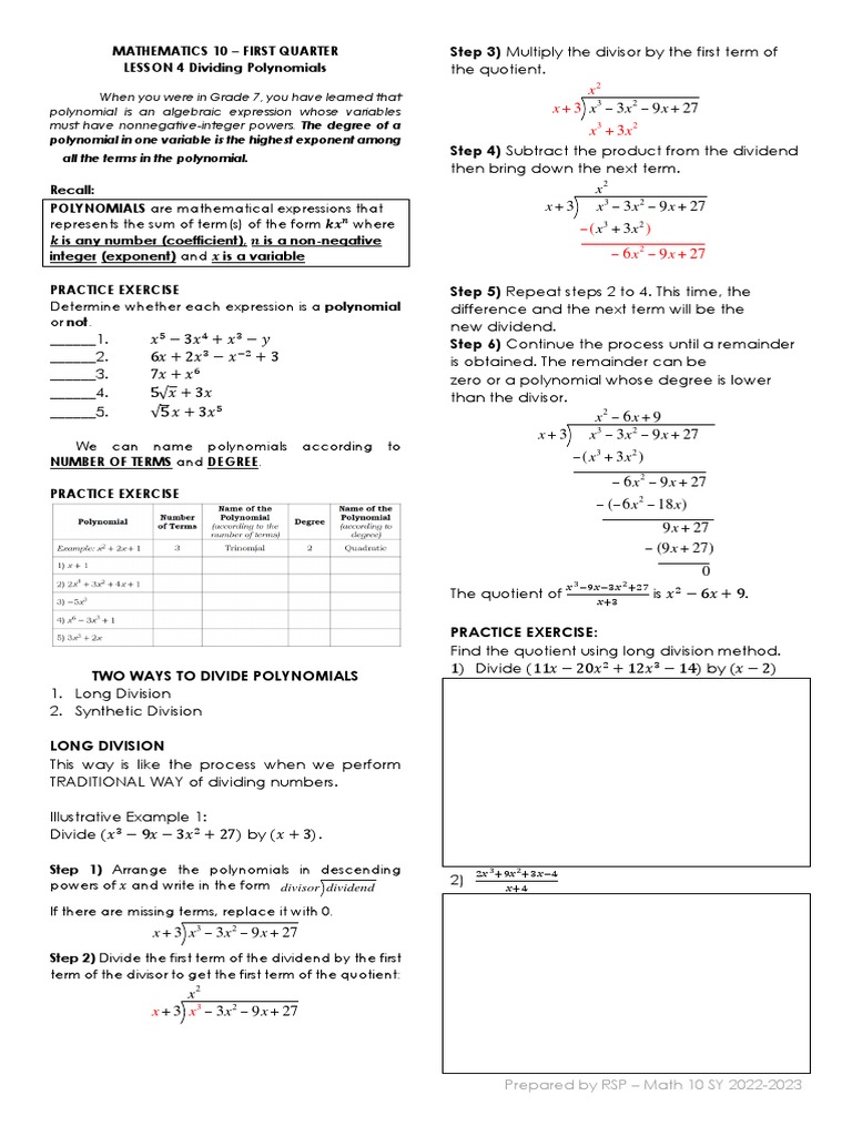 Math10 Q1 04 Division of Polynomials | PDF | Polynomial | Division ...