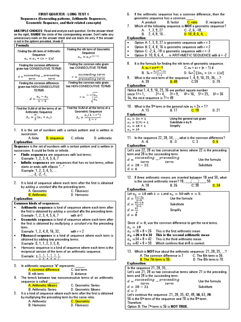 Math 10 Q1 Long Test 1 Sequences With EXPLANATIONS | PDF | Sequence ...