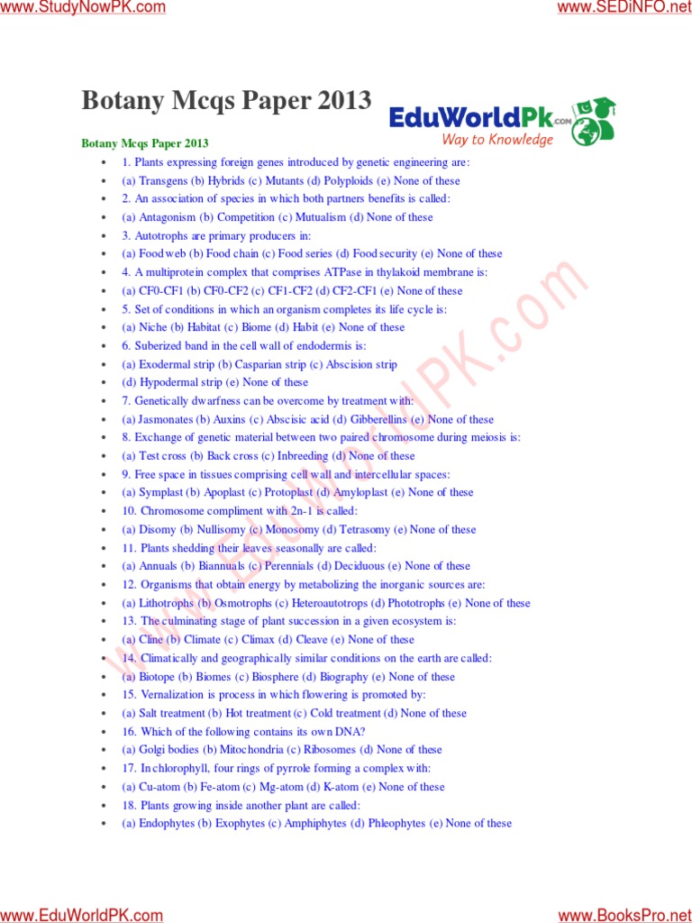 PPSC Lecturers Botany Past Paper 2013 Solved MCQs | PDF | Plant Stem ...