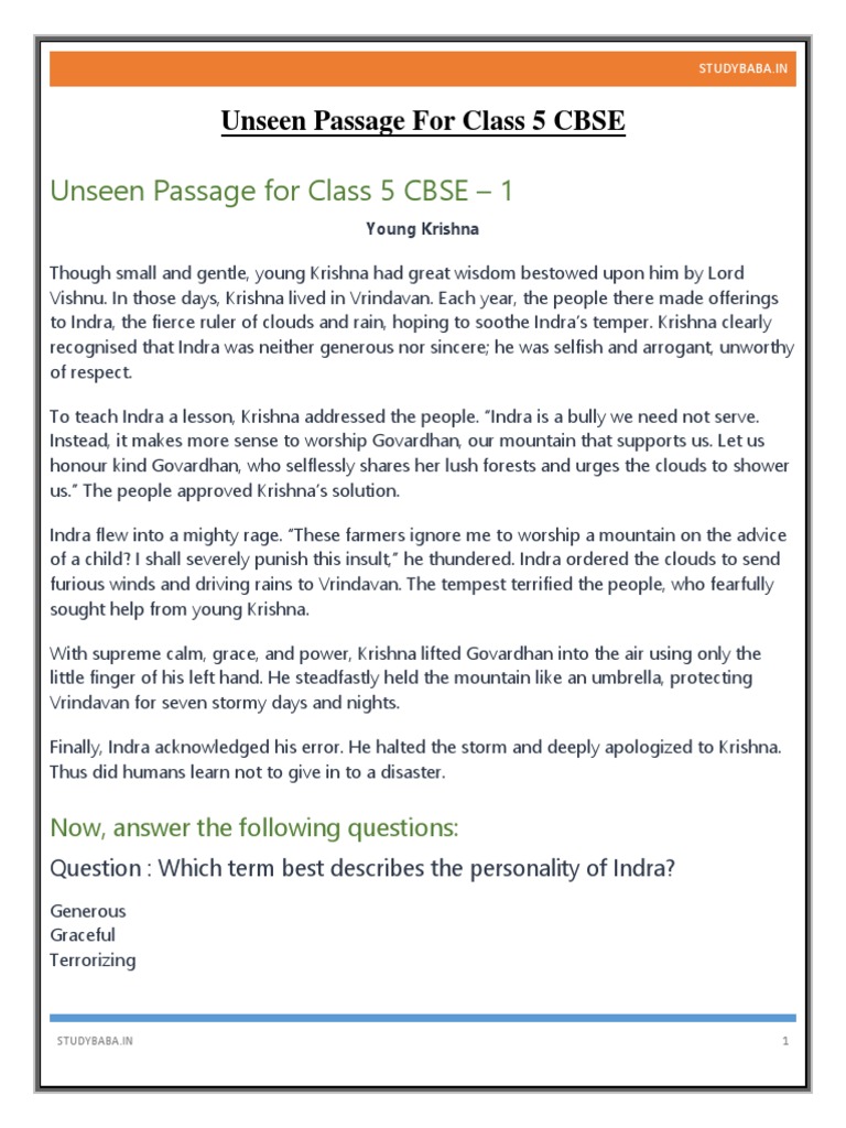 Unseen Passage For Class 5 CBSE | PDF | Home & Garden | Religion & Spirituality