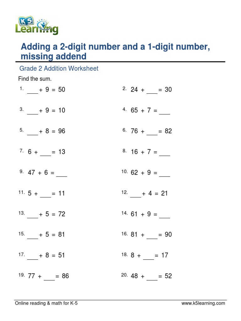 Grade 2 Add 2 Digit Plus 1 Digit Missing Addend C | PDF
