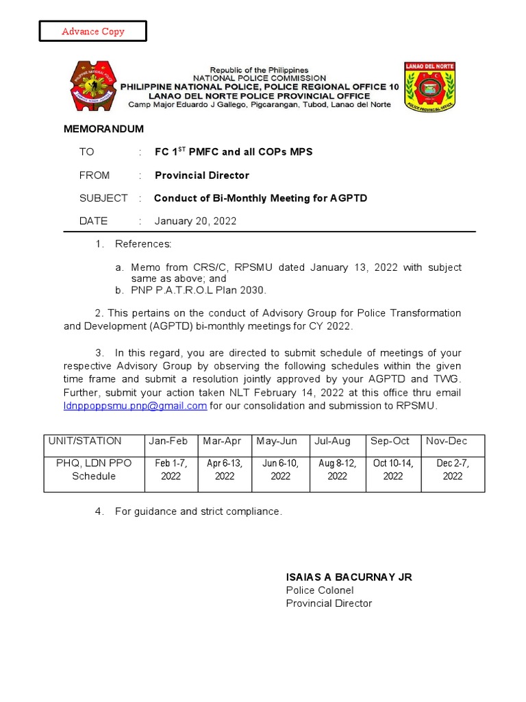 Memo Re Conduct of Agptd Bi-Monthly Meeting | PDF
