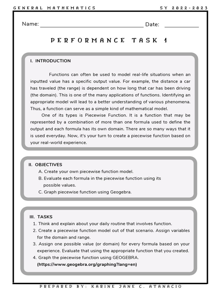 Performance Task 1. Piecewise Function | PDF | Function (Mathematics ...