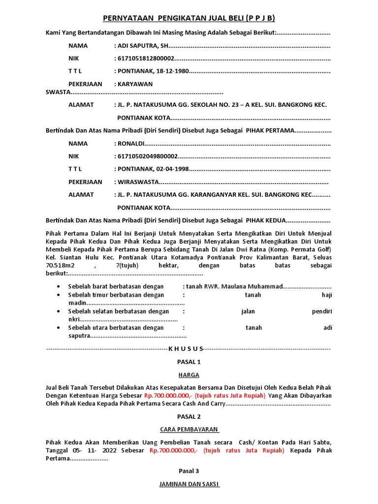 Pernyataan Pengikatan Jual Beli. PPJB Tanah | PDF