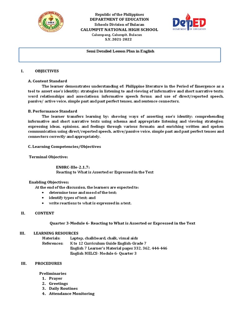 Department of Education-Lesson Plan On Text Types (Tone and Mood) | PDF ...