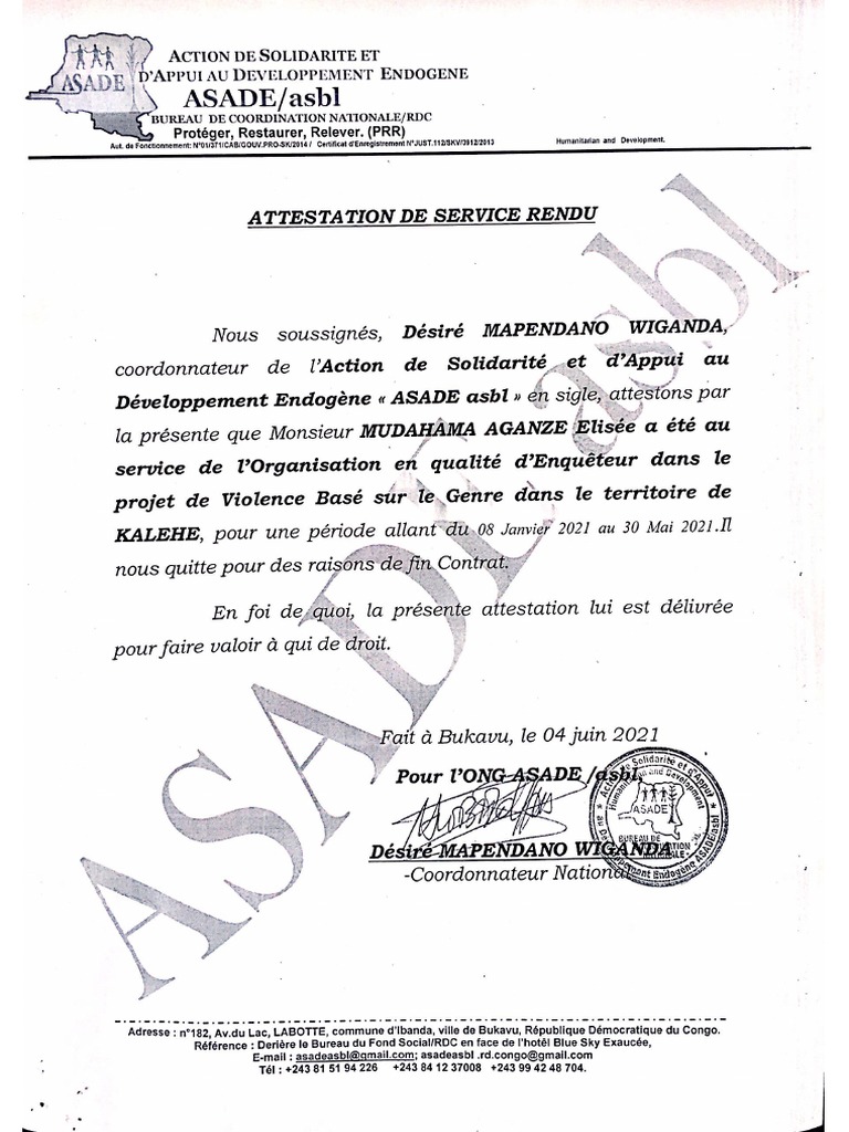 Attestation de Service Rendu01 | PDF