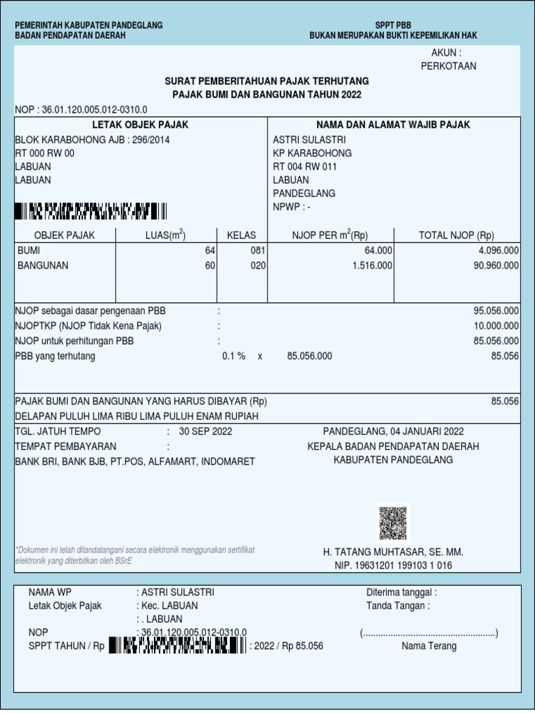 Surat Pemberitahuan Pajak Terhutang Pajak Bumi Dan Bangunan Tahun 2022 | PDF