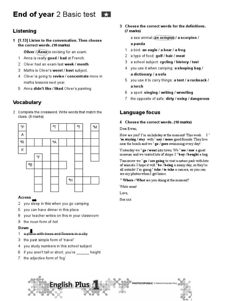 End of Year 2 Basic Test | PDF | Vocabulary | Cognition