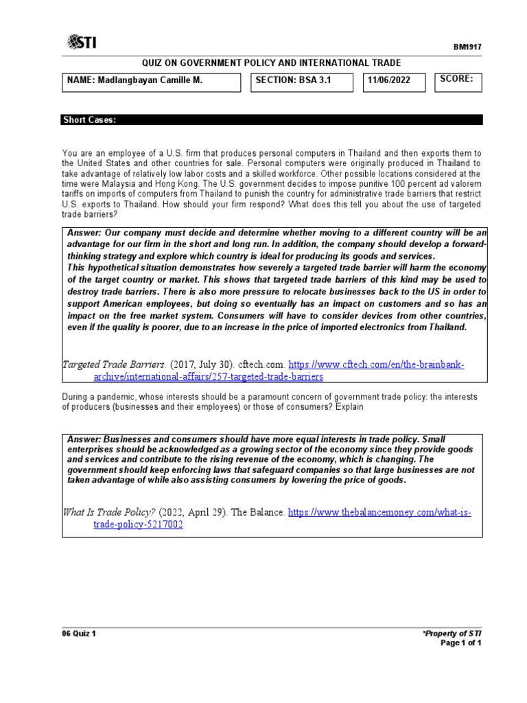 06 Quiz 1 | PDF | Trade | Exports