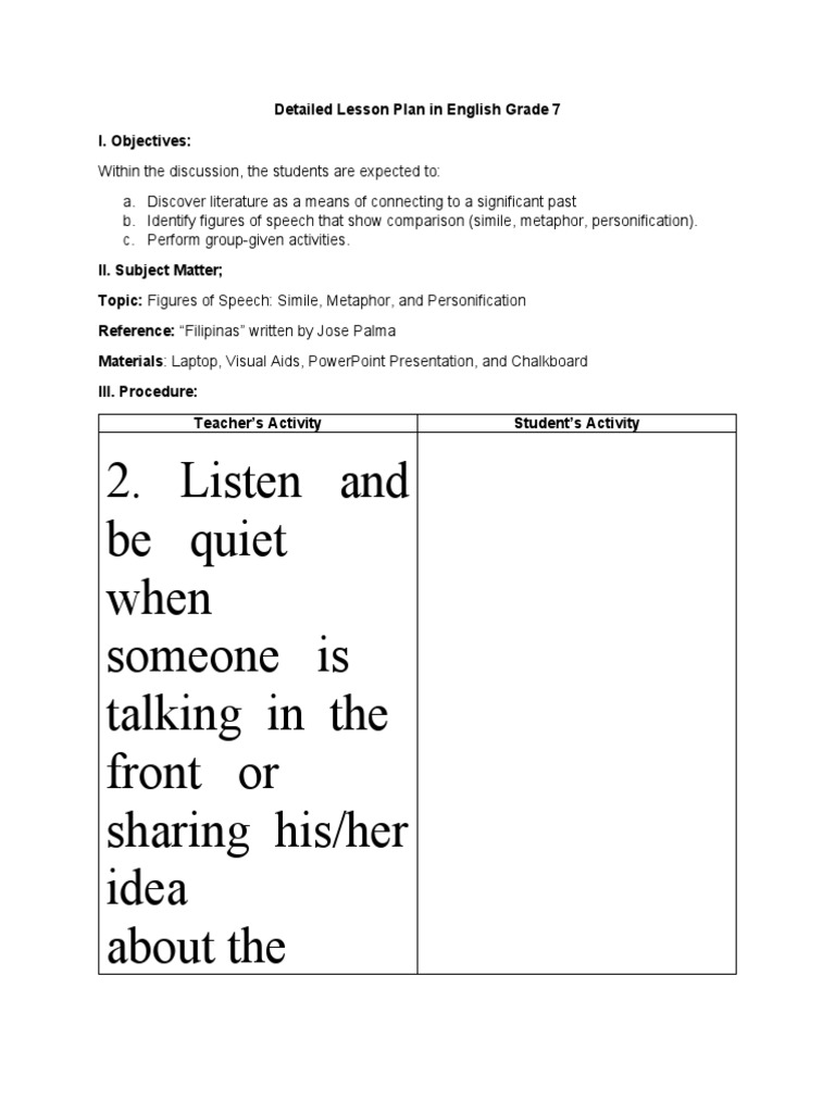 Grade 7 English Lesson Plan: Figures of Speech | PDF | Career & Growth ...